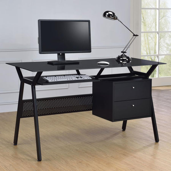 Black Glass Top Office Desk with Keyboard Tray Decorium Furniture